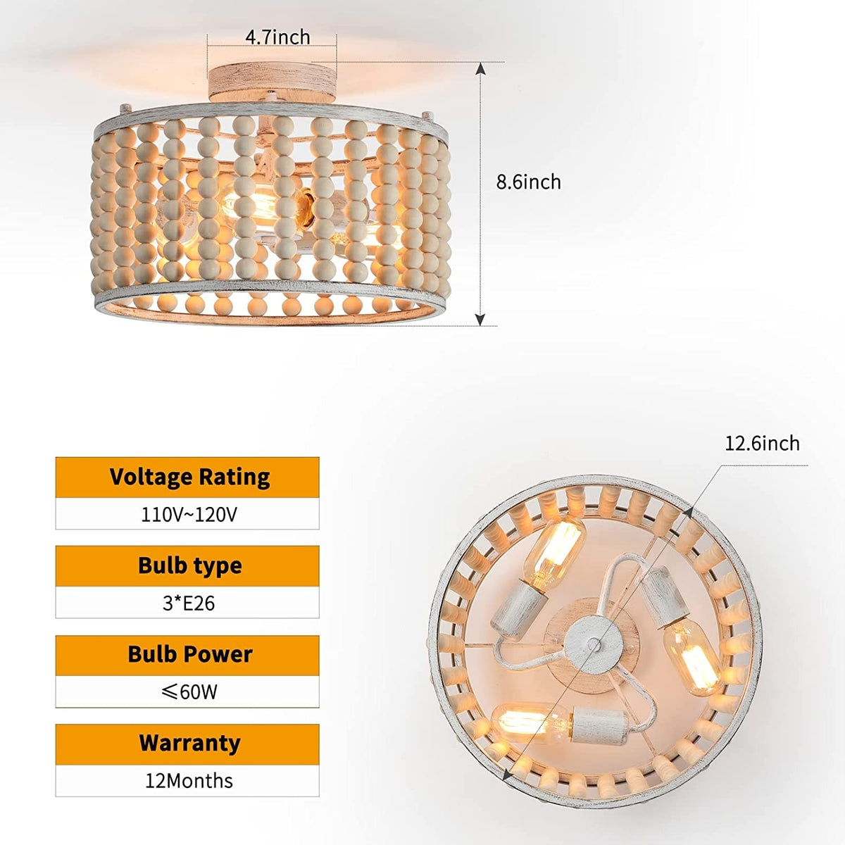 3 light wood beads semi flush mount ceiling light boho ceiling lightin ...