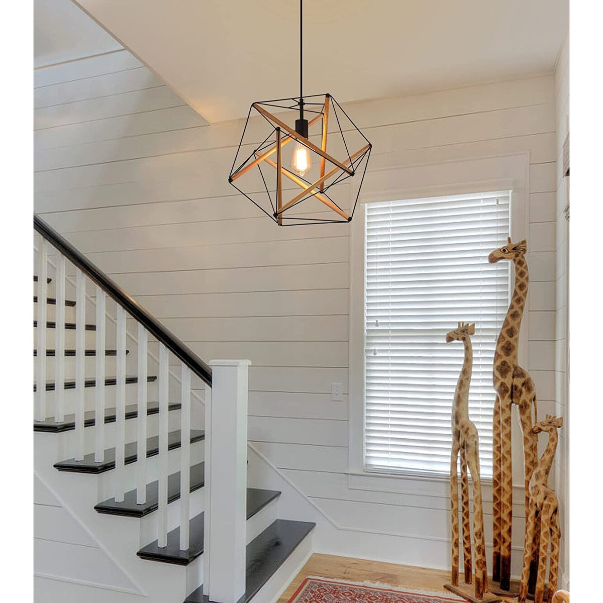 Black geometric art deco hanging pendant light wood industrial cage ch ...