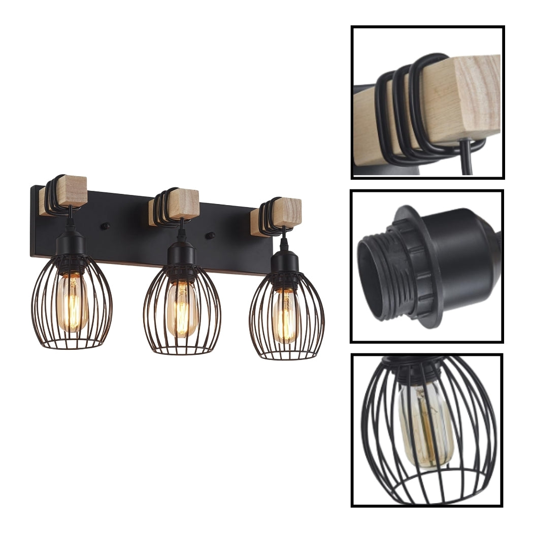 3 Light bulb light black wall sconce metal, wood wall light – HIGHLIGHT ...