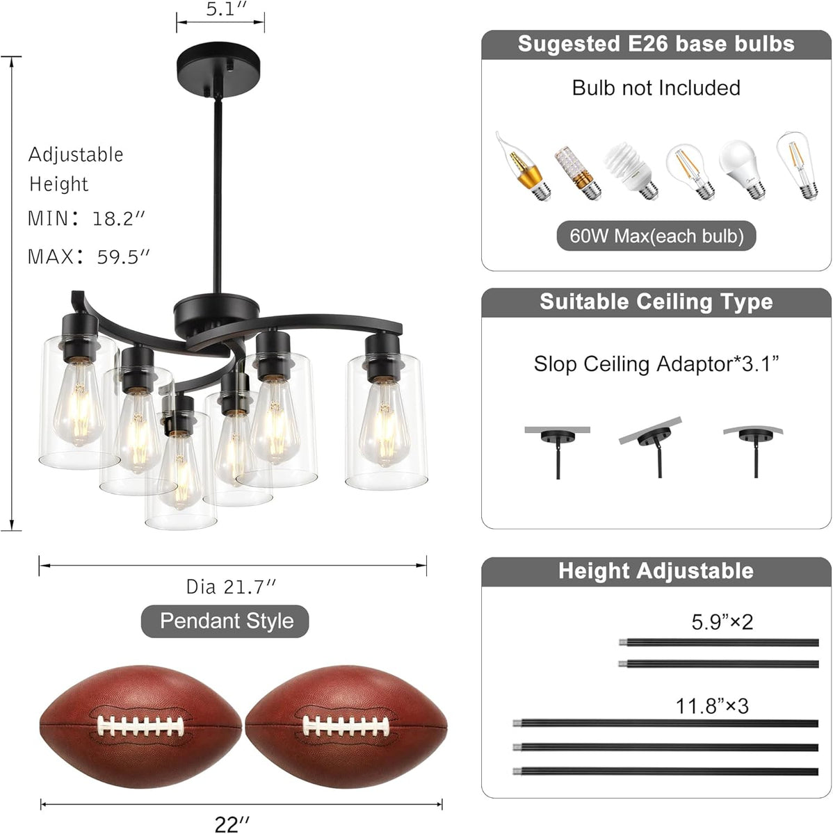 6 Light modern pendant light black farmhouse light metal hanging light ...