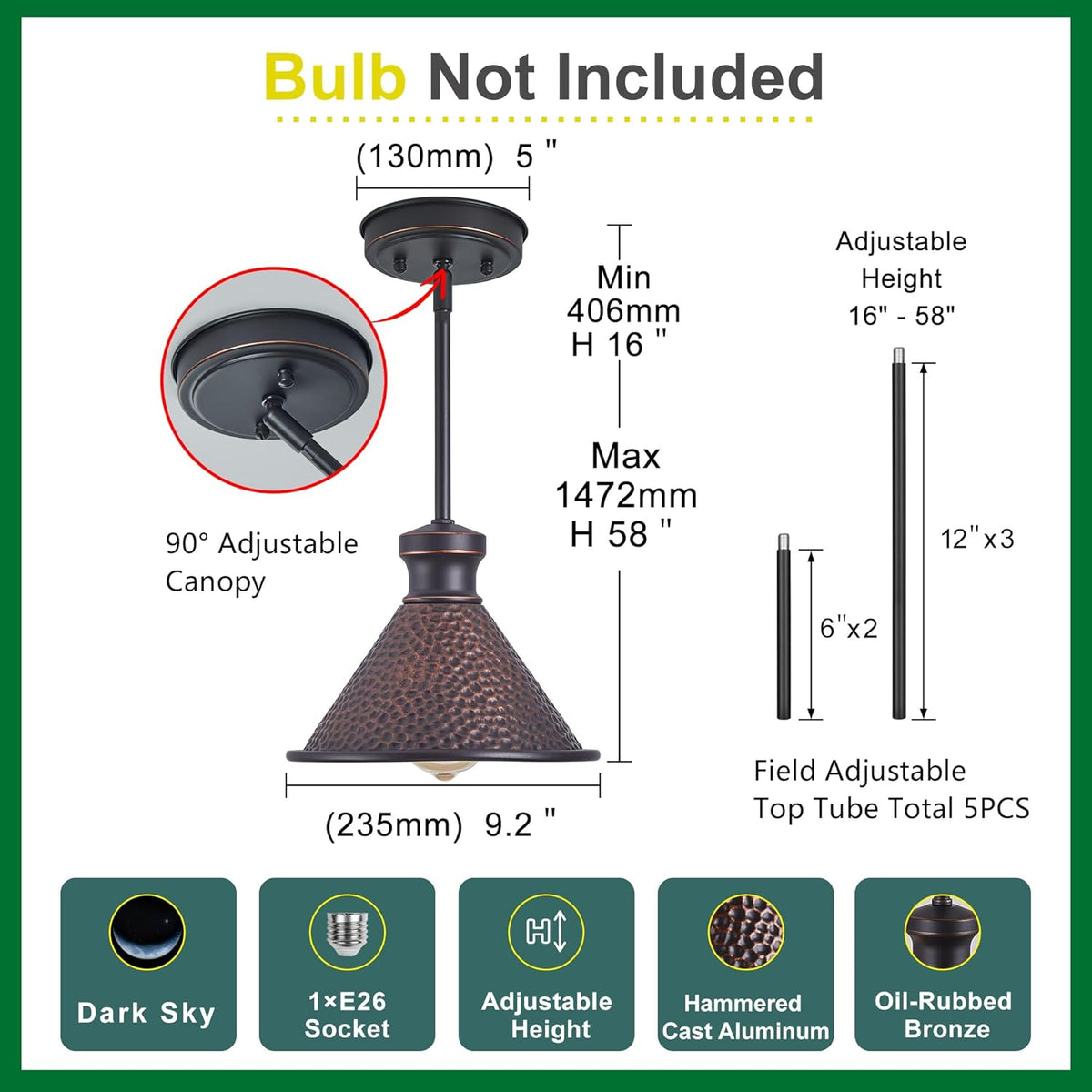 58”Hight adjustable hanging light aluminum metal kitchen light oil-rub ...
