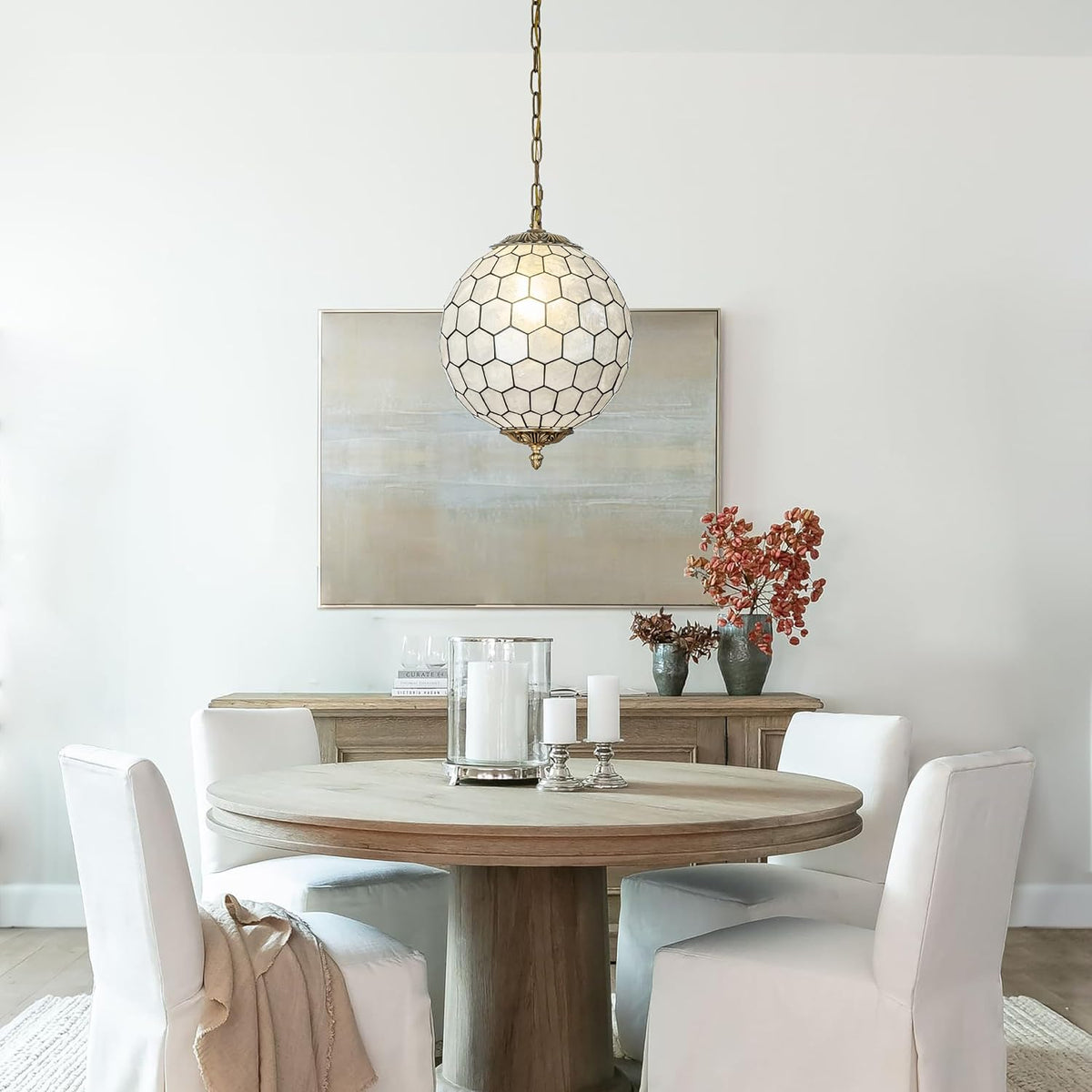 1-light hanging globe lantern hexagon shells chandelier light shell, i – CY